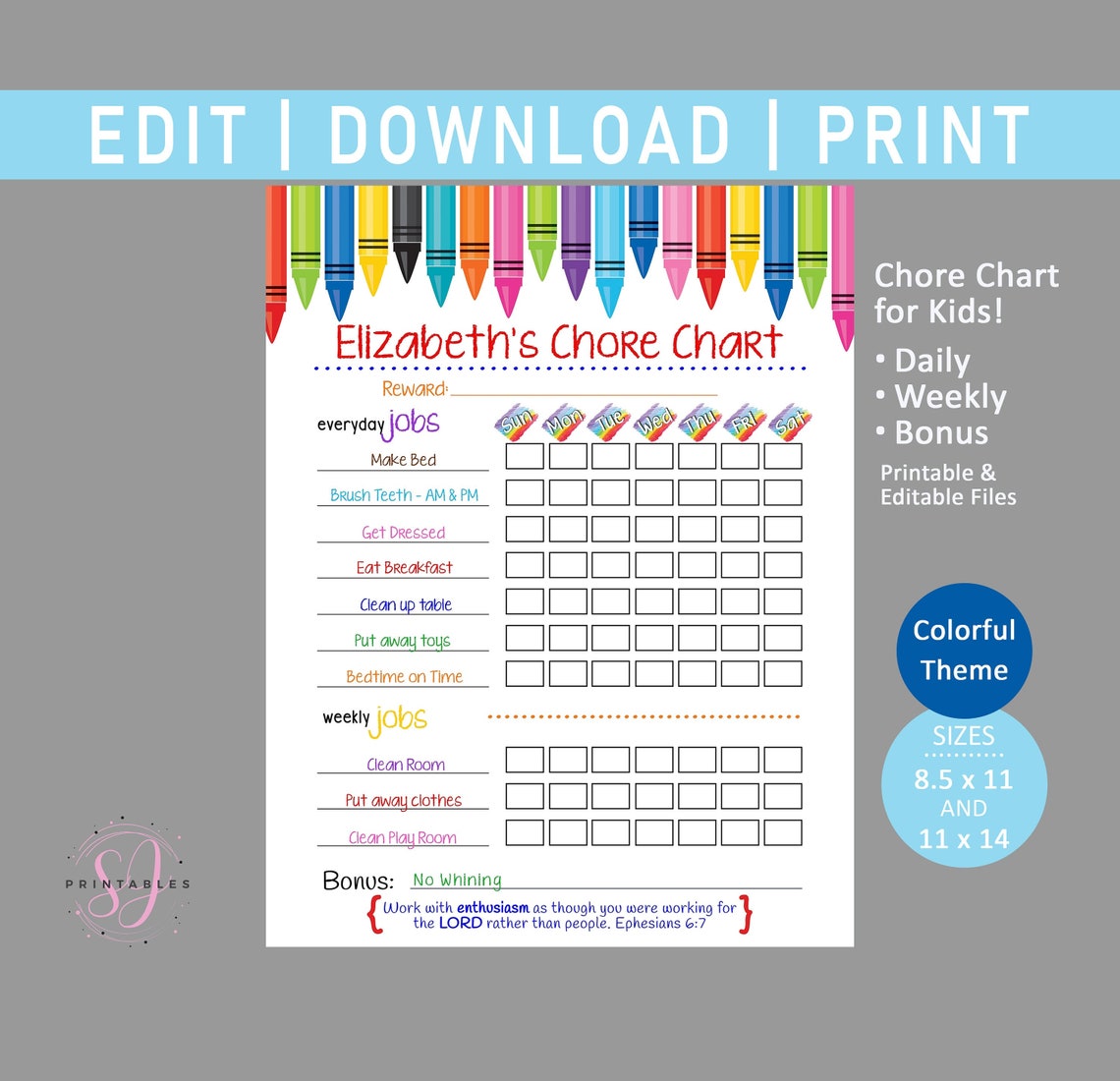 Printable Child Chore Chart Crayon Colorful Daily Weekly | Etsy