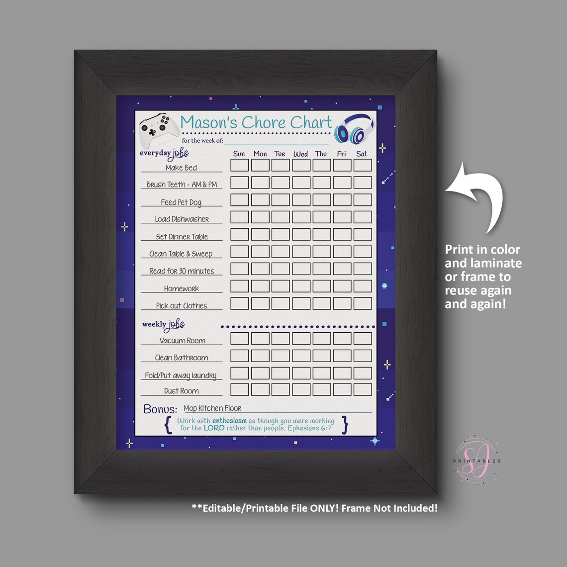 Printable Chore Chart Gaming Daily Weekly Bonus Job Chart | Etsy