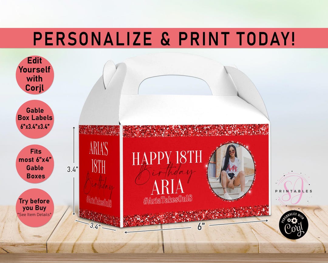 Red Birthday Birthday Gable Gift Box Labels, Red on Red Glitter ANY AGE ...