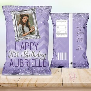Shimmery Silver Glitter and Purple Birthday Chip Bag Wrapper, ANY AGE ...