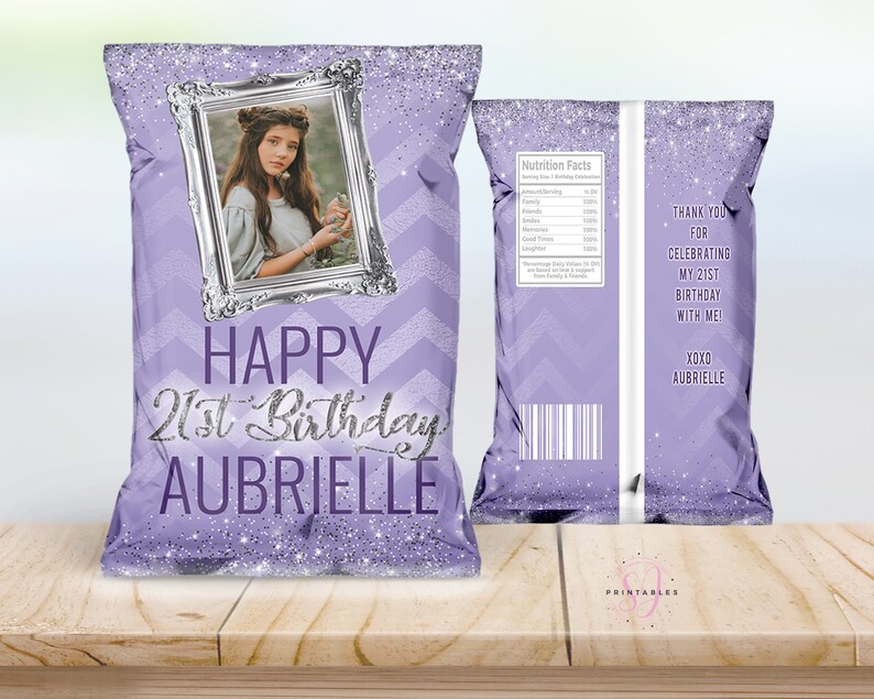 Shimmery Silver Glitter and Purple Birthday Chip Bag Wrapper, ANY AGE ...