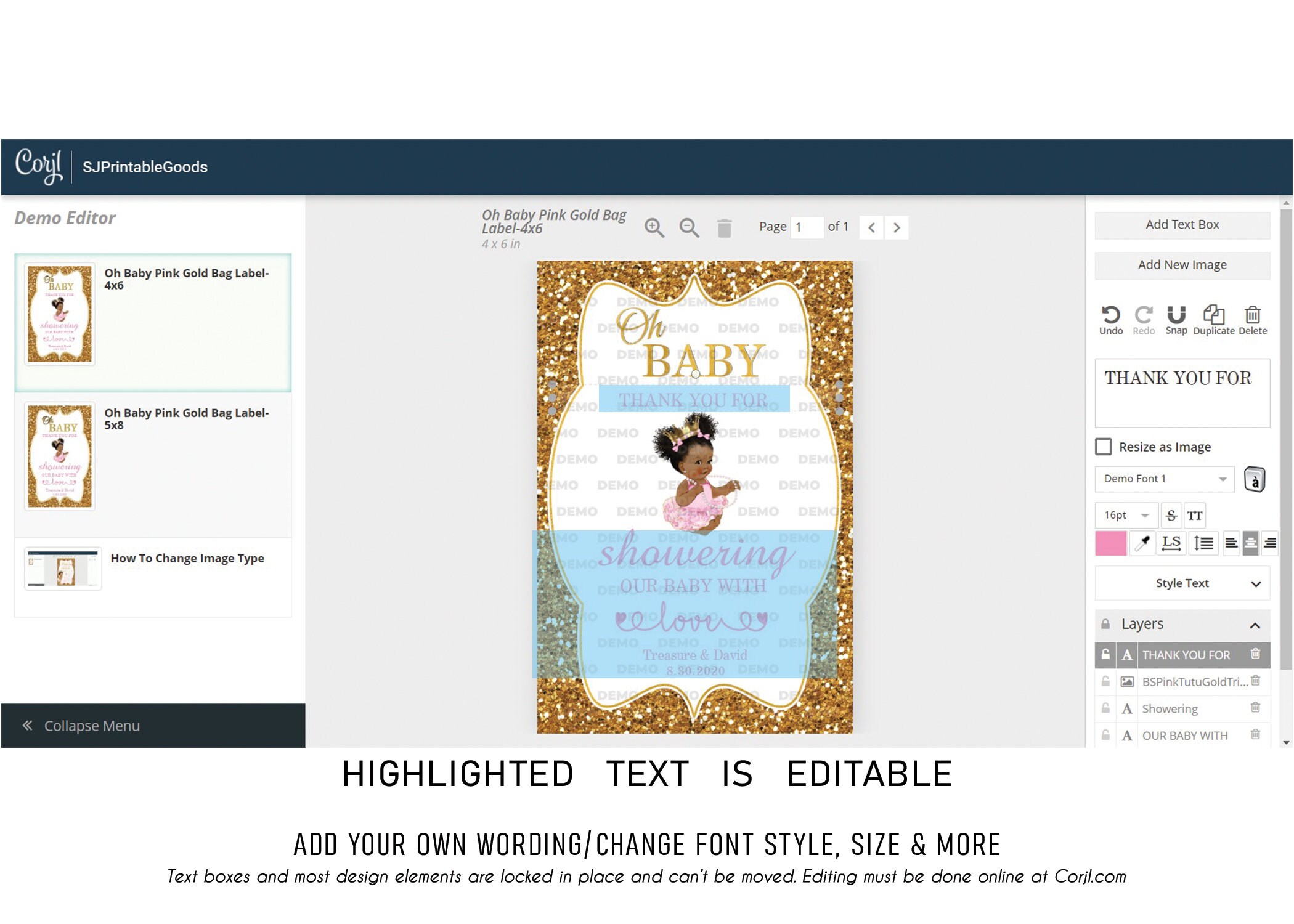 Gift Bag Labels Oh Baby PINK and GOLD Princess EDITABLE Baby | Etsy