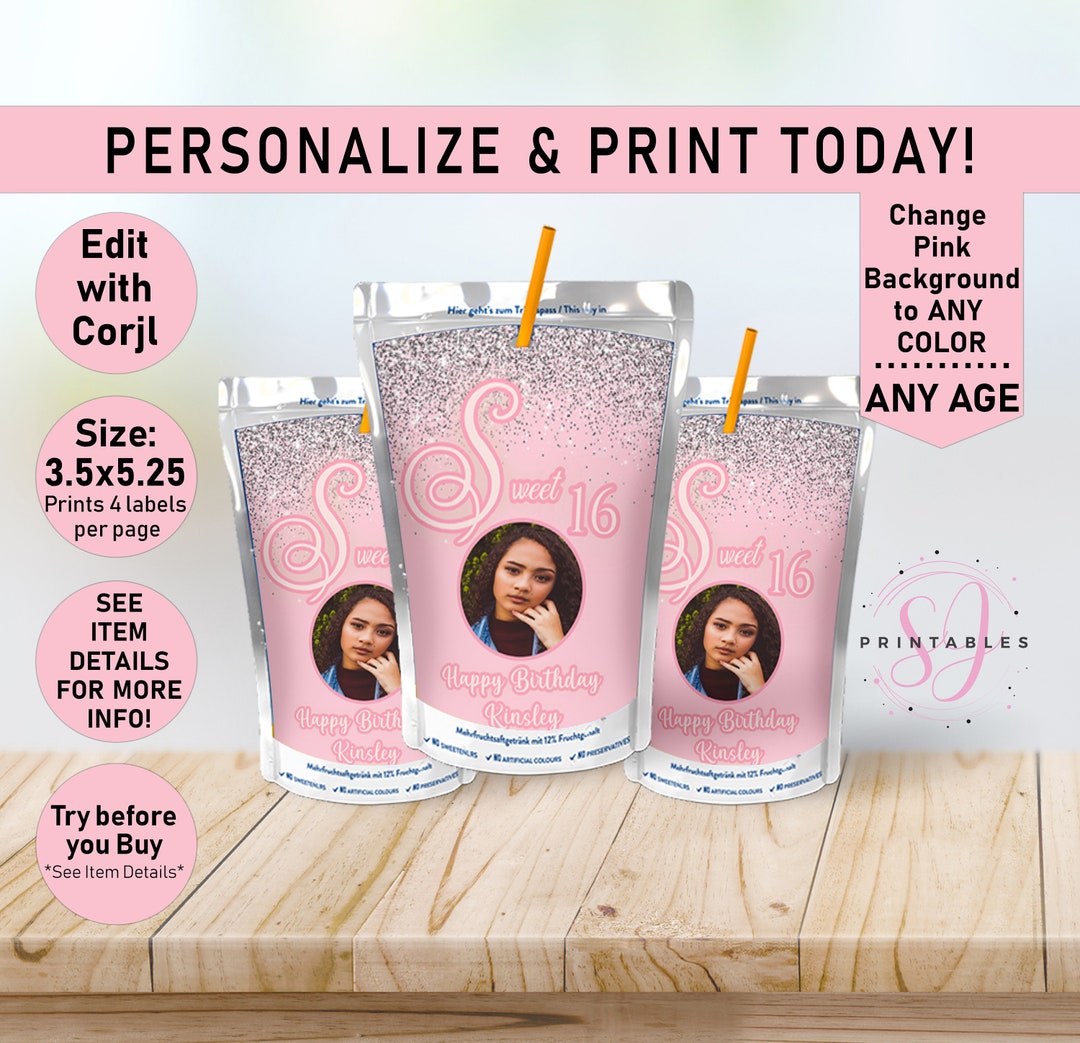 ANY AGE Silver Glitter EDITABLE Birthday Juice Pouch Labels, Juice ...