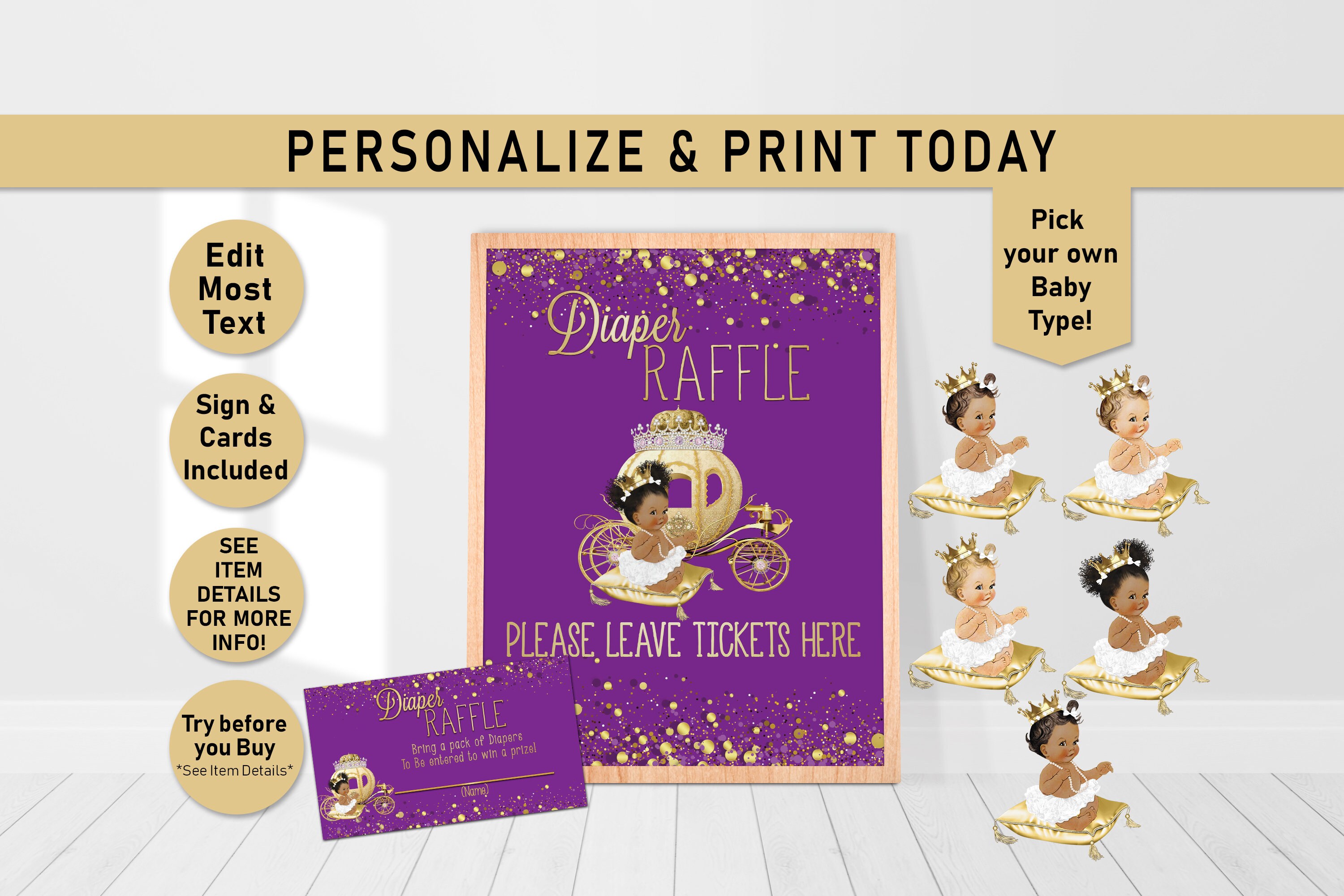 Royal Little Princess Baby Shower DIAPER RAFFLE Sign and Ticket, Purple ...