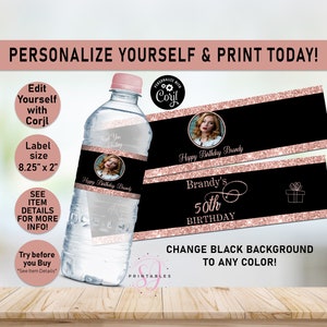 Birthday Rose Gold Glitter and ANY COLOR Water Bottle Labels, Any Age ...