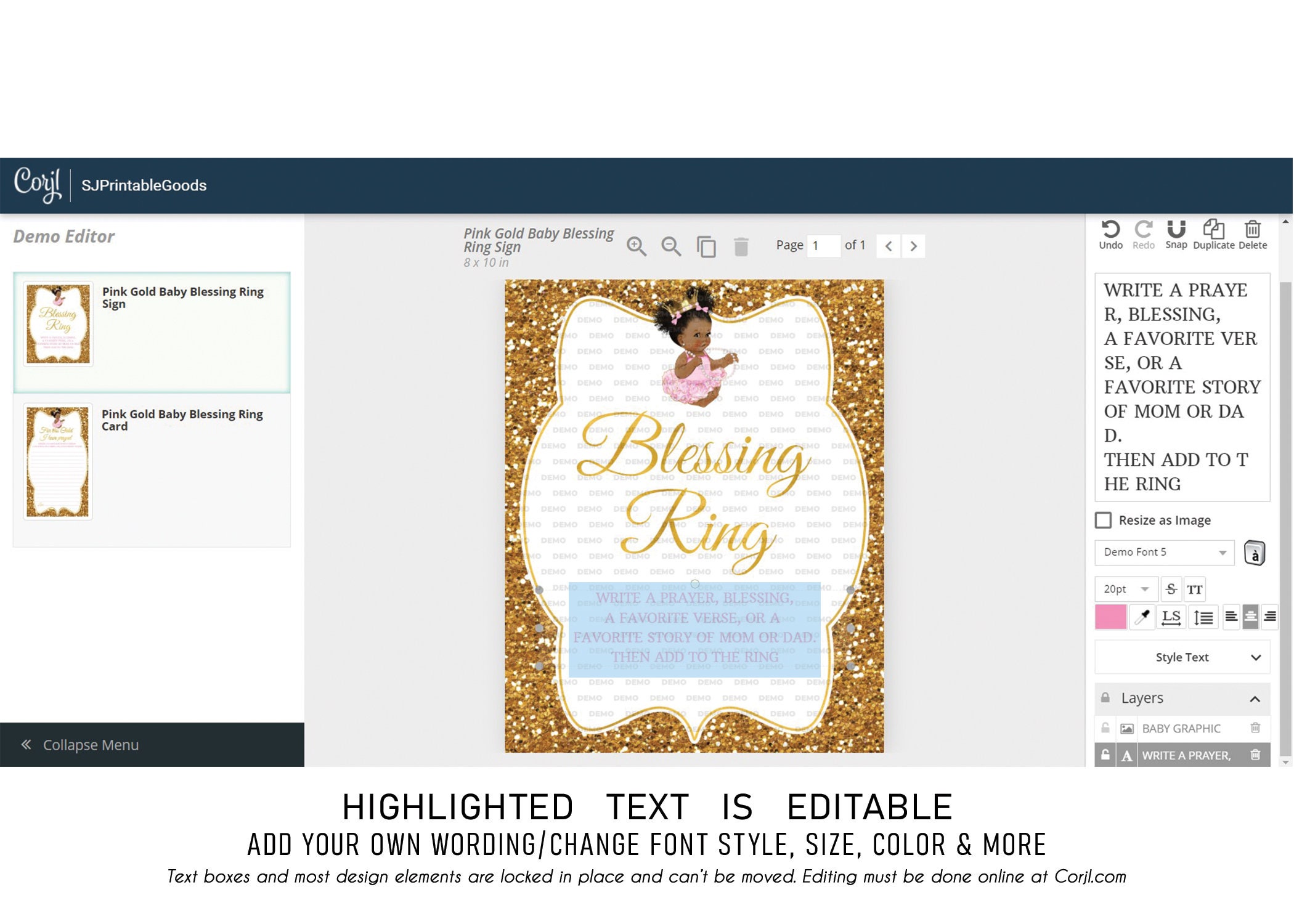 Pink & Gold Princess Blessing Ring Sign and Cards Blessing - Etsy
