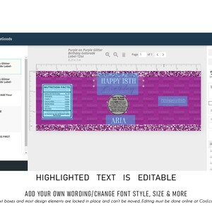 Gatorade Labels, Purple on Purple Glitter ANY AGE Birthday EDITABLE ...