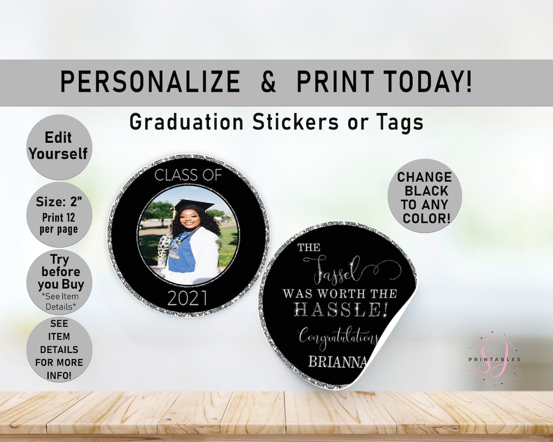 Silver Glitter and ANY COLOR Graduation Stickers or Tags, Class of 2025 ...