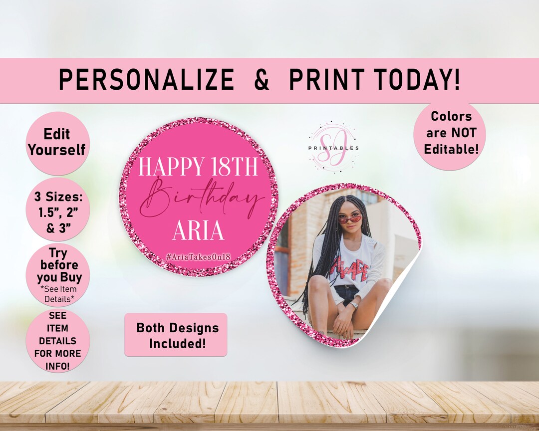 Printable Stickers, PINK on Pink Glitter Birthday Favor Stickers, ANY ...