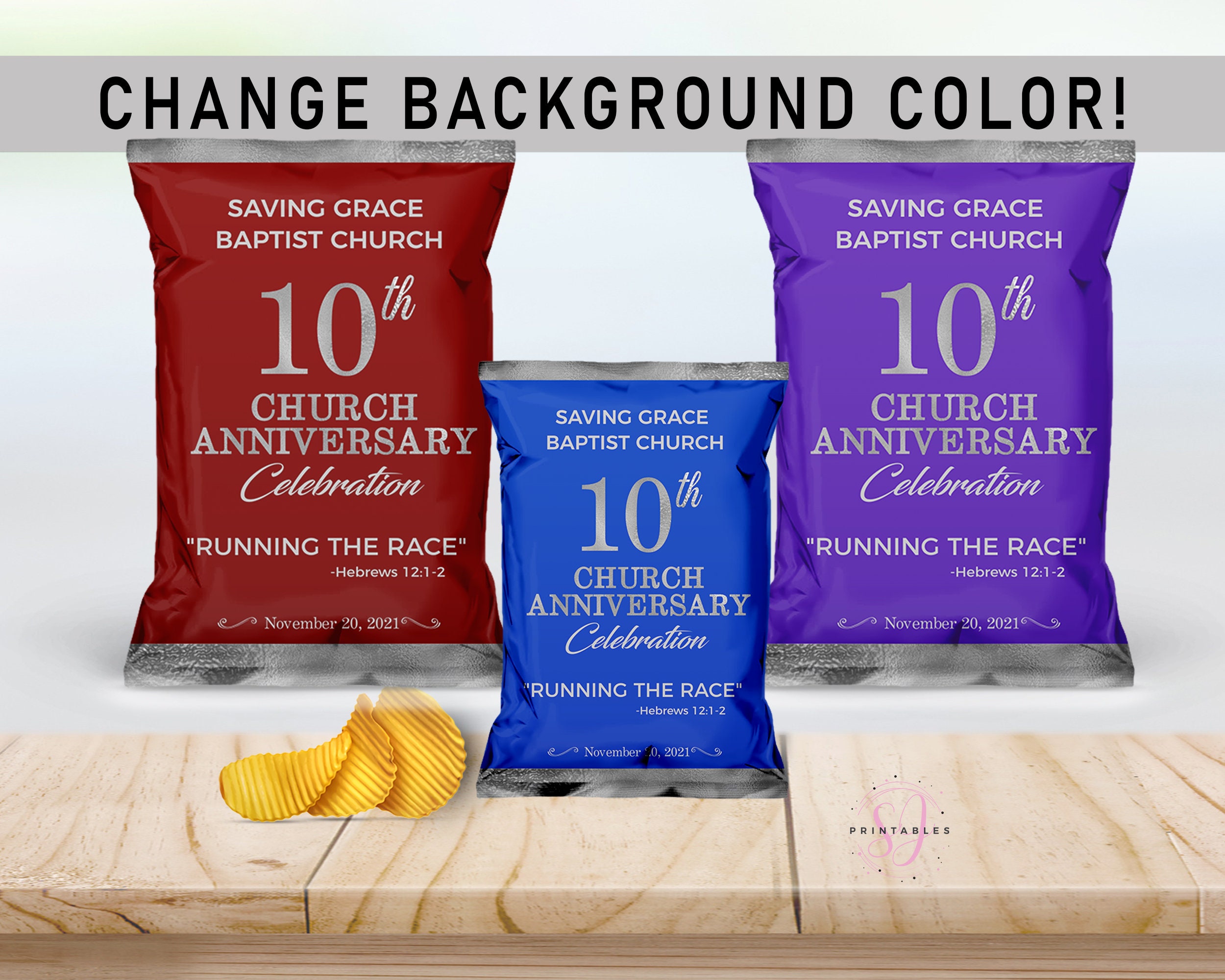 Church Anniversary Silver Glitter and ANY COLOR EDITABLE Chip Bag ...