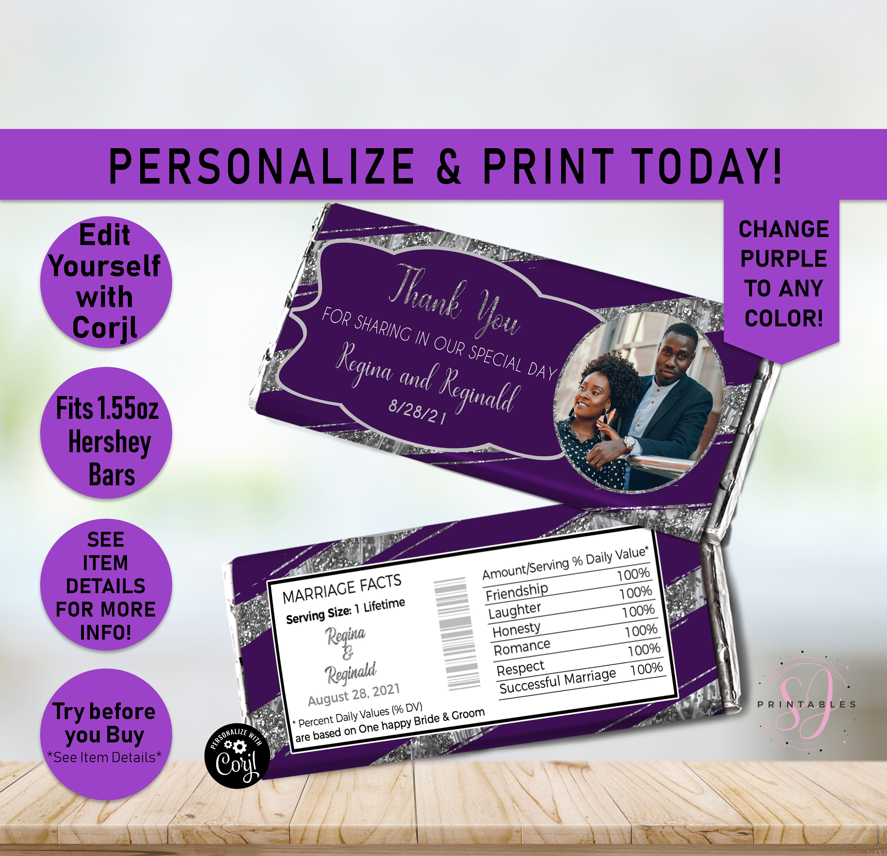 Wedding Chocolate Bar Wrapper Template Silver Glitter and ANY | Etsy