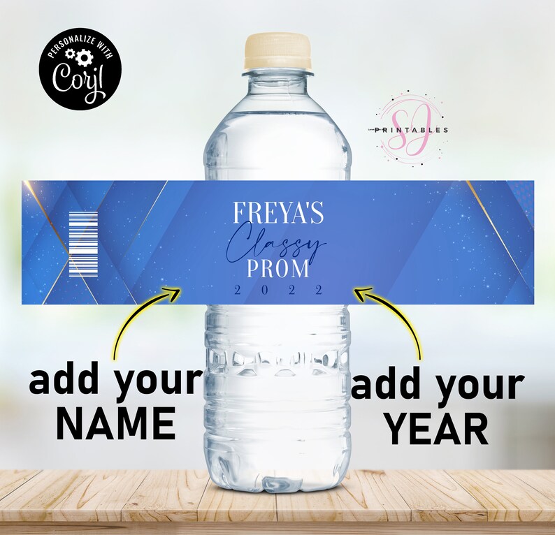 Blue and Gold PROM Send off Water Bottle Labels, Classy Prom, Dance ...