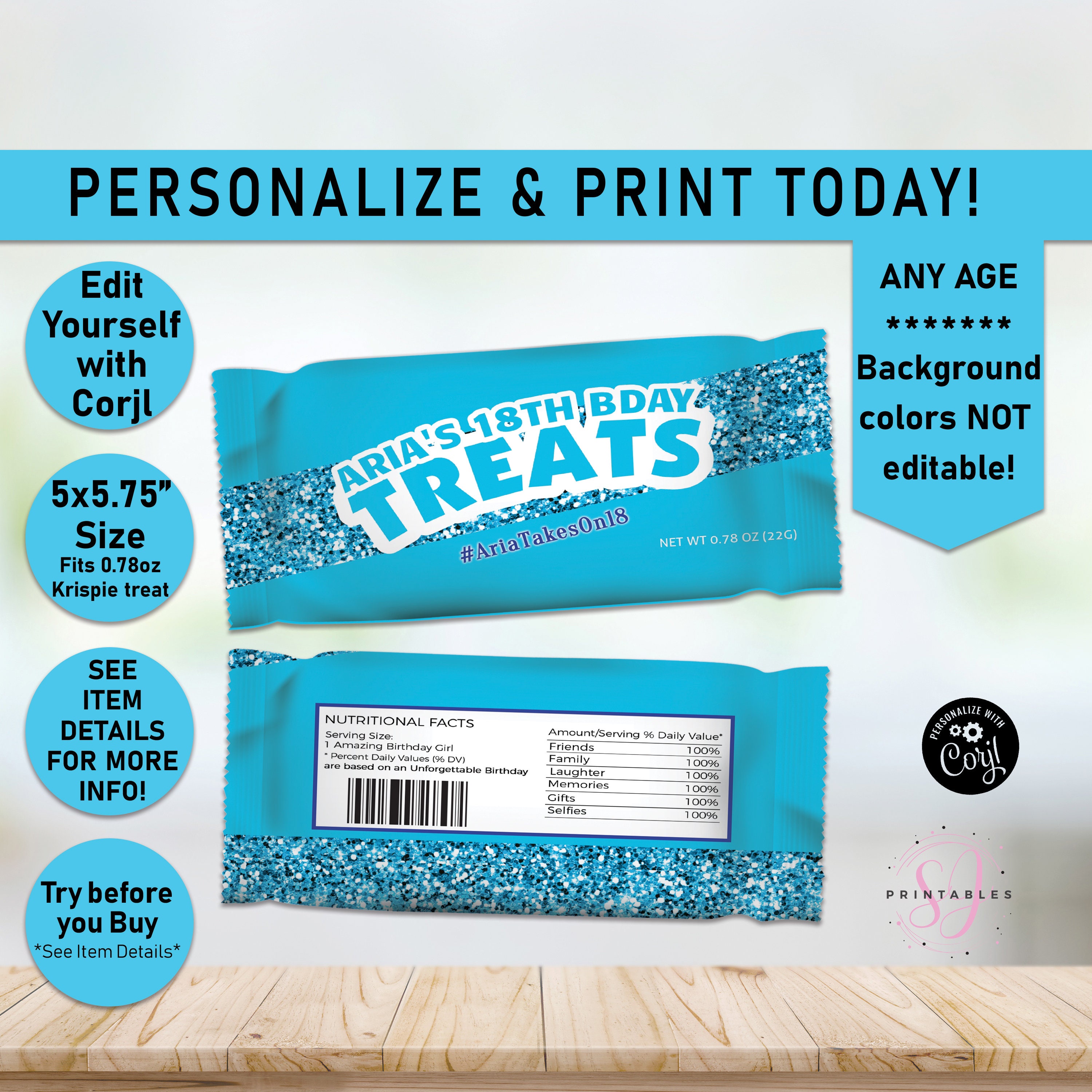 Rice Krispies TREAT Labels, Blue on Blue Glitter ANY AGE Birthday Rice ...