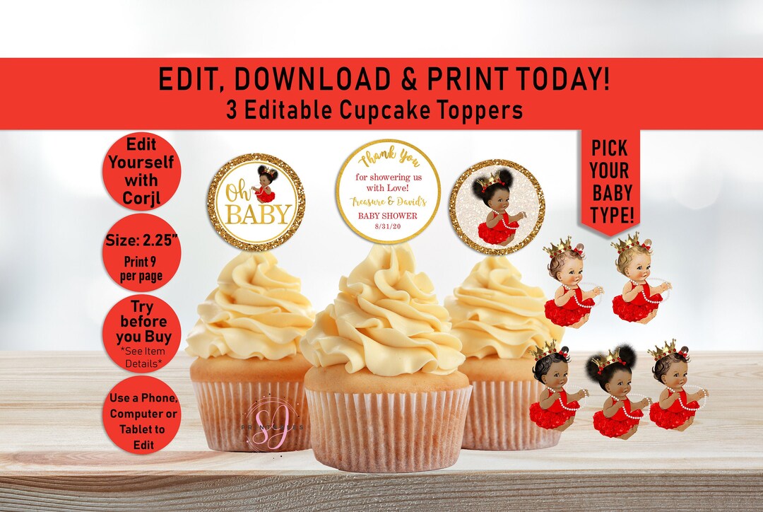 EDITABLE Red Gold Cupcake Toppers, Red Princess Cupcake Toppers, Little ...