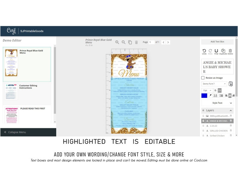 Royal Blue Prince Baby Shower Menu Little Prince Menu Gold | Etsy