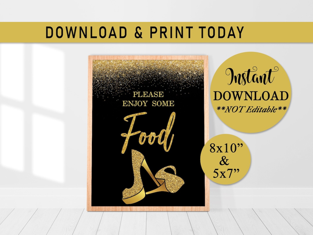 Food Party Sign, Black & Gold Glitter Confetti Sign, Birthday Food Sign ...