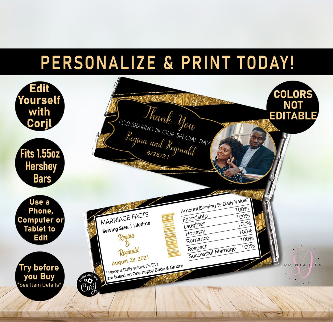 Wedding Chocolate Bar Wrapper Template, Black Gold Glitter Candy ...