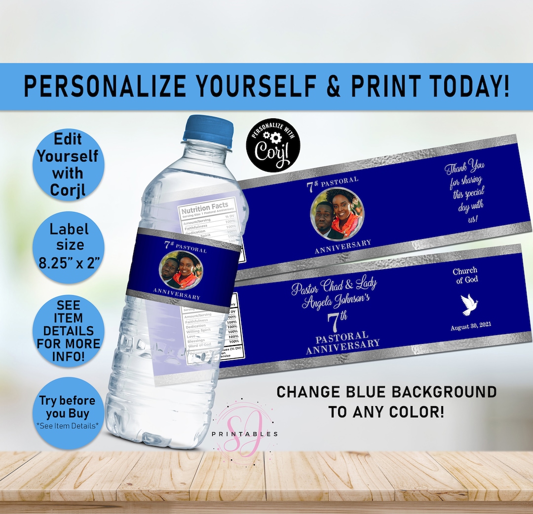 Pastoral Anniversary Silver and ANY COLOR EDITABLE Water Bottle Labels ...