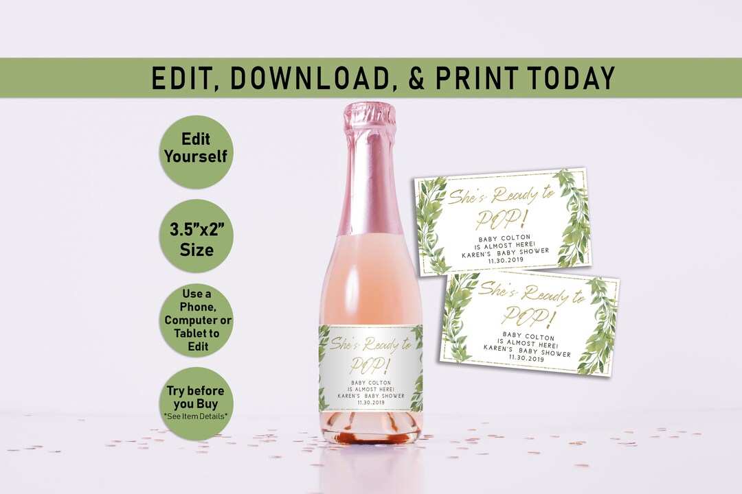 Editable Greenery Gold Baby Shower Mini Champagne Labels,rustic Baby ...