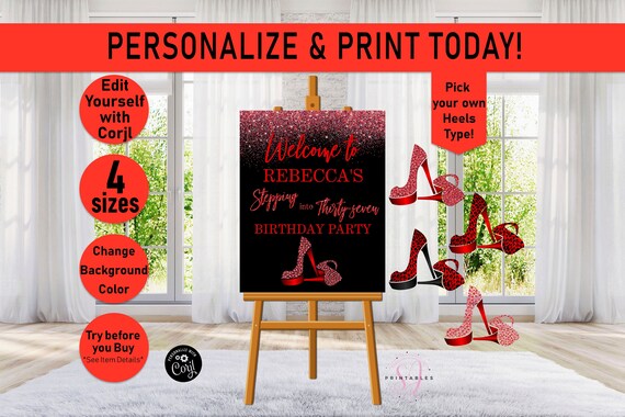 Stepping Into ANY AGE Red Glitter Welcome Birthday Sign Woman - Etsy