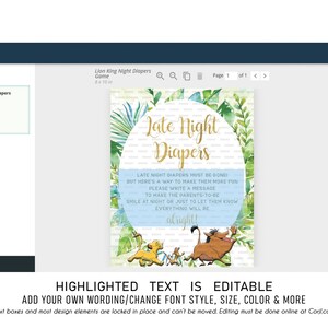 Lion King Baby Shower Late Night Diapers Game, Printable Baby Shower ...