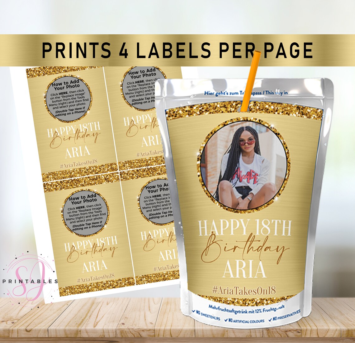 Gold on Gold Glitter ANY AGE Birthday Juice Pouch Labels, Juice Labels ...