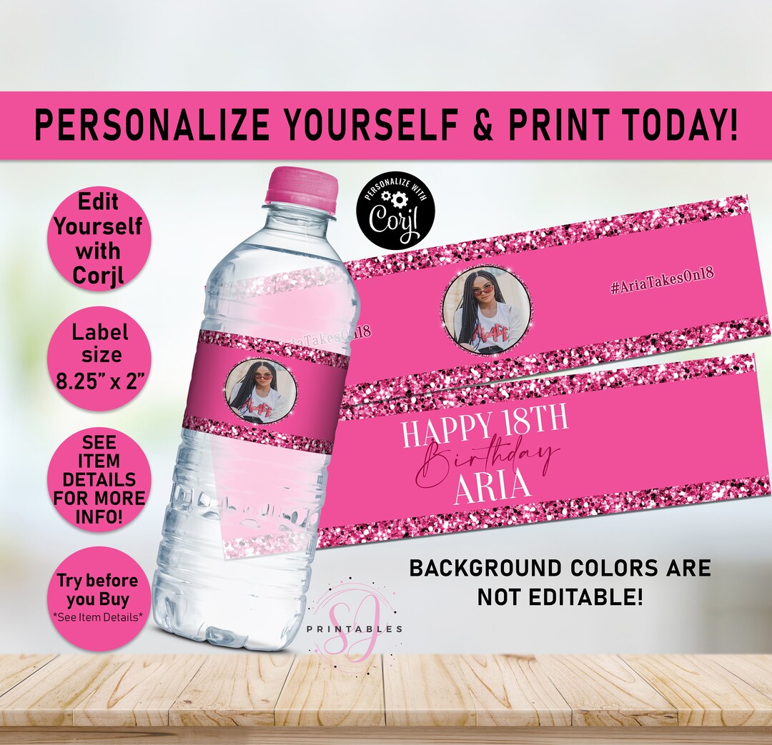 Pink on Pink Glitter ANY AGE Birthday EDITABLE Water Bottle Labels ...