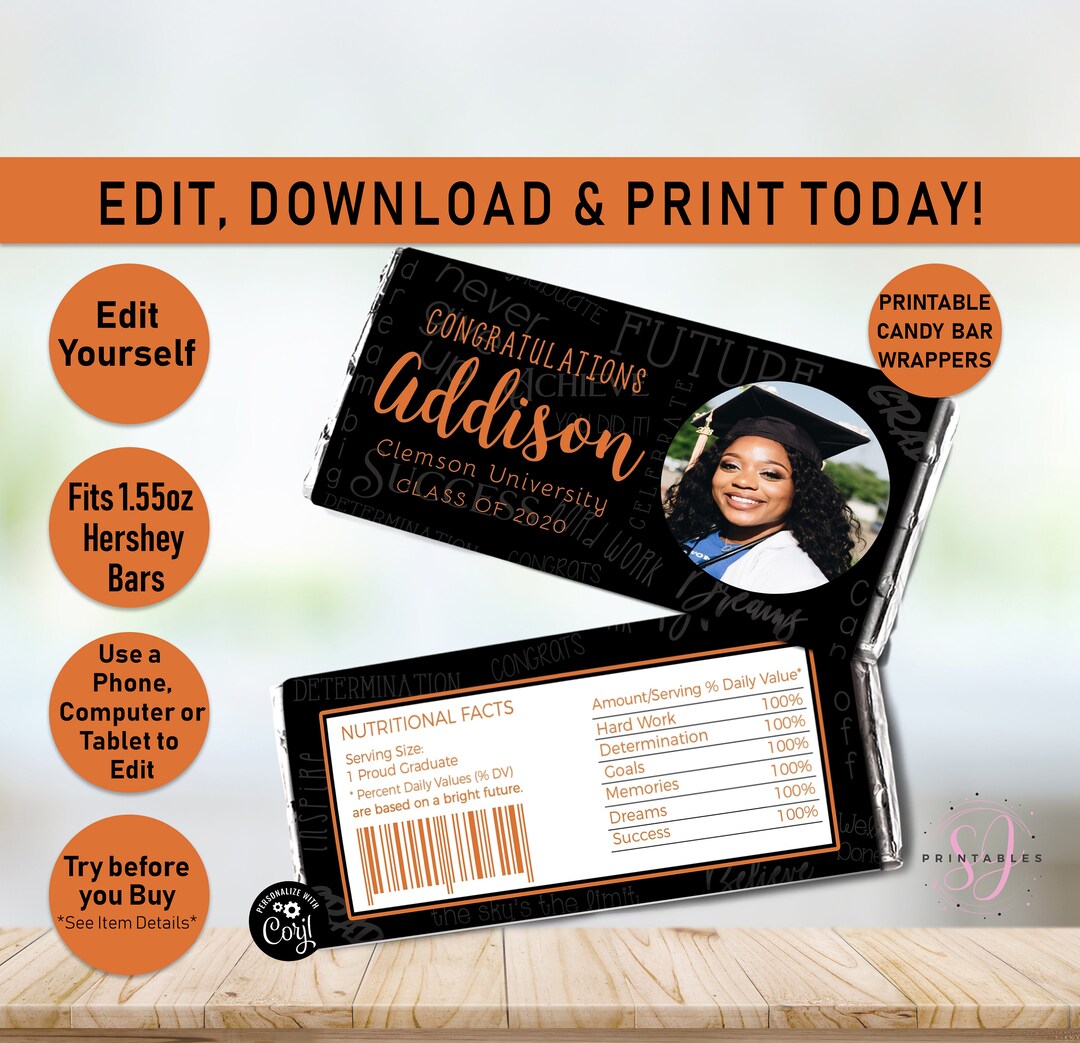 Congratulations Grad Candy Bar Wrapper, Black, Orange, Chocolate Candy ...