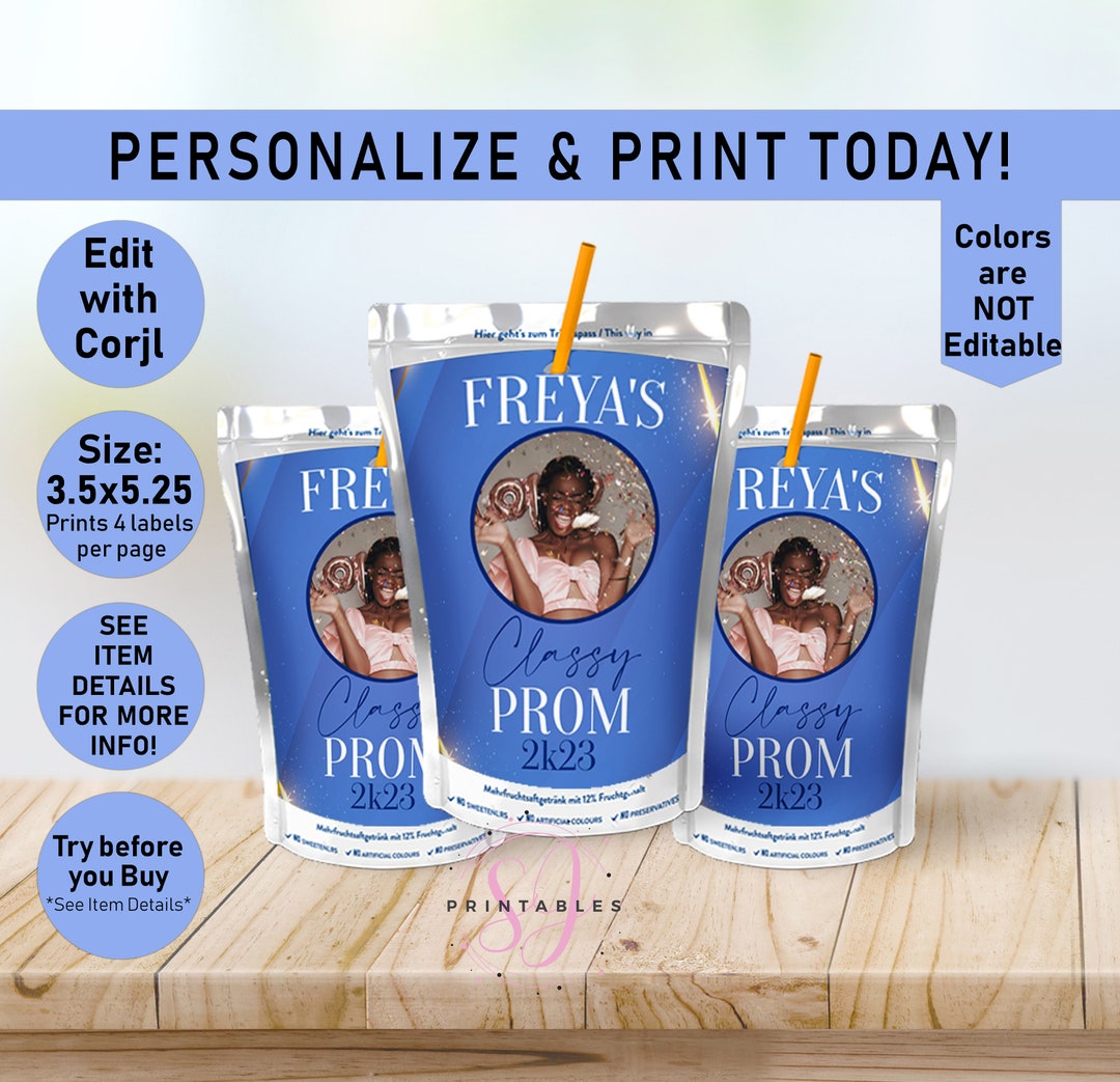 Blue and Gold PROM Juice Pouch Labels, Prom Favor Juice Labels, Prom ...
