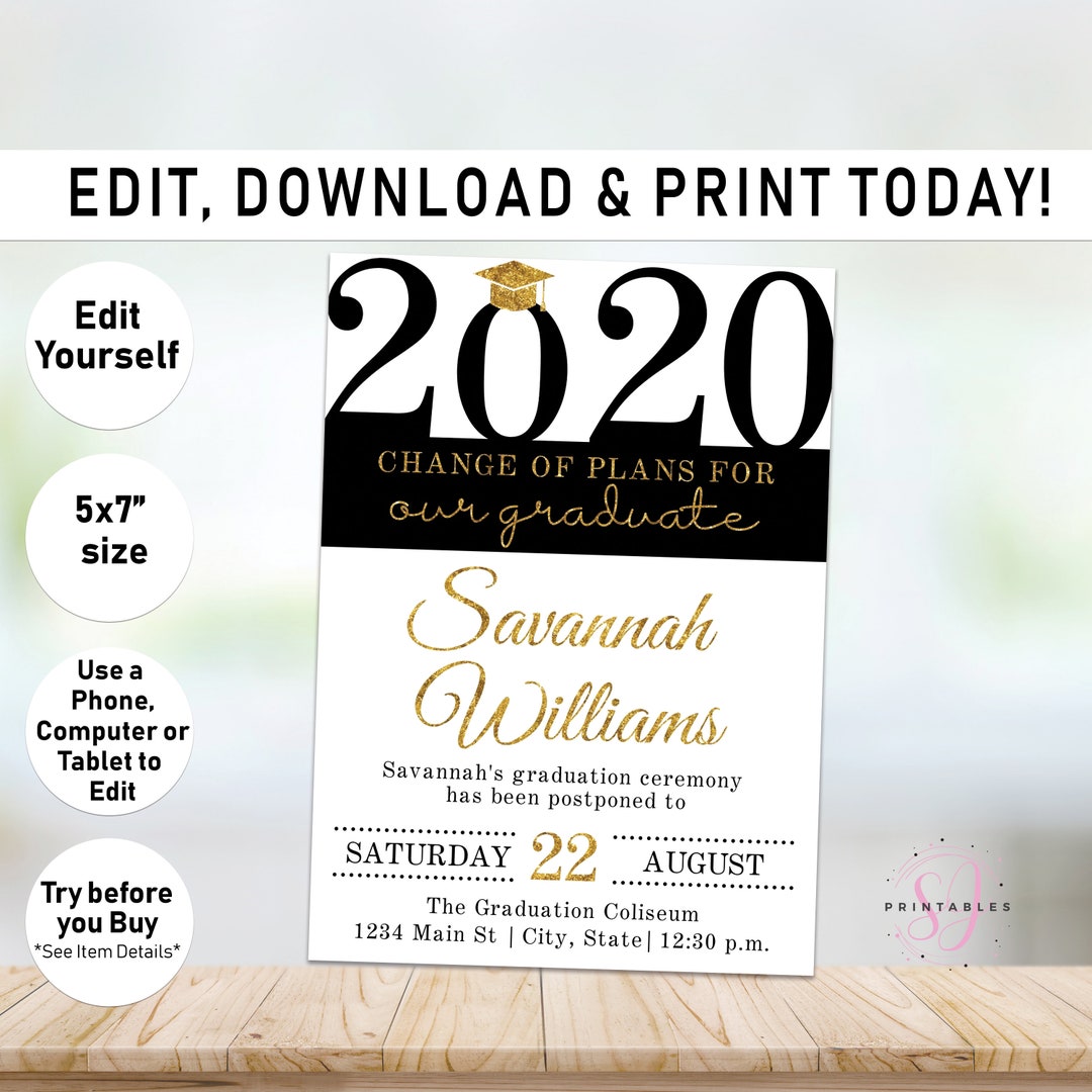 Postponed Gold Graduation Announcement Card Template, Change of Plans ...