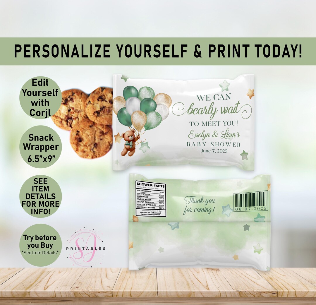 We Can Bearly Wait Baby Shower Mini SNACK BAG Wrapper, Mini Cookie ...