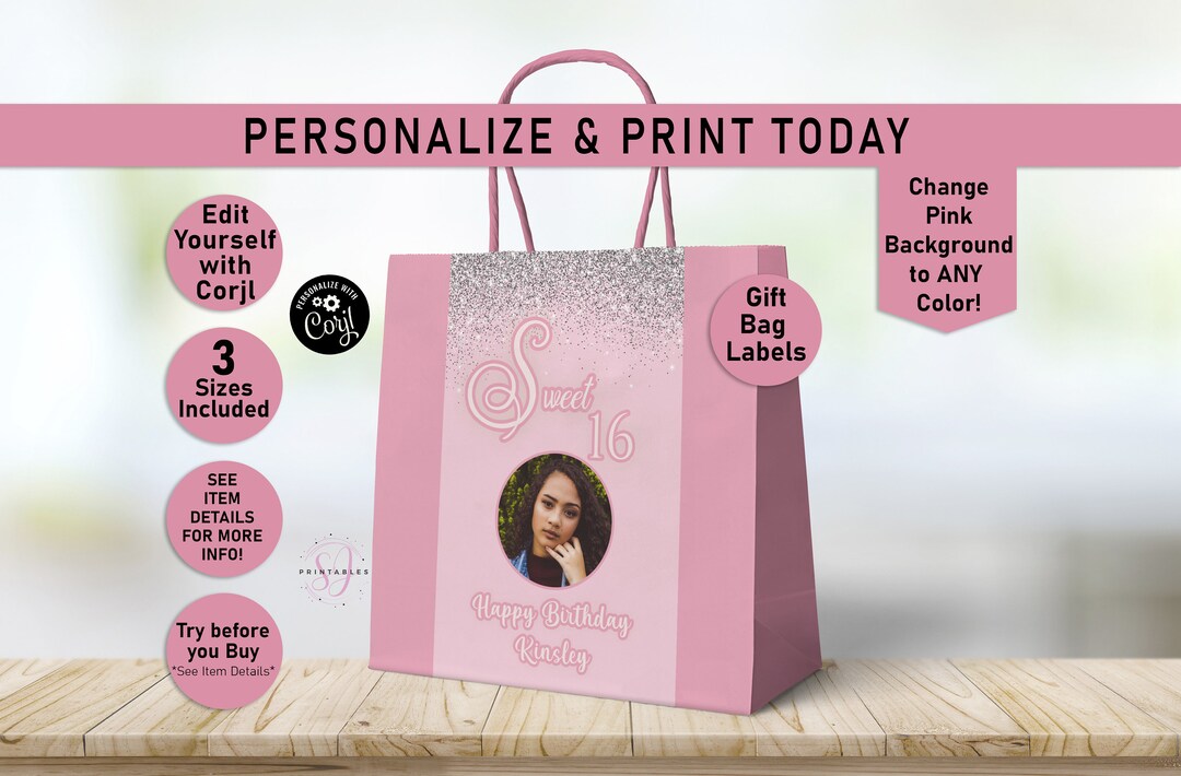 ANY AGE Silver Glitter Birthday EDITABLE Birthday Gift Bag Label, Gift ...