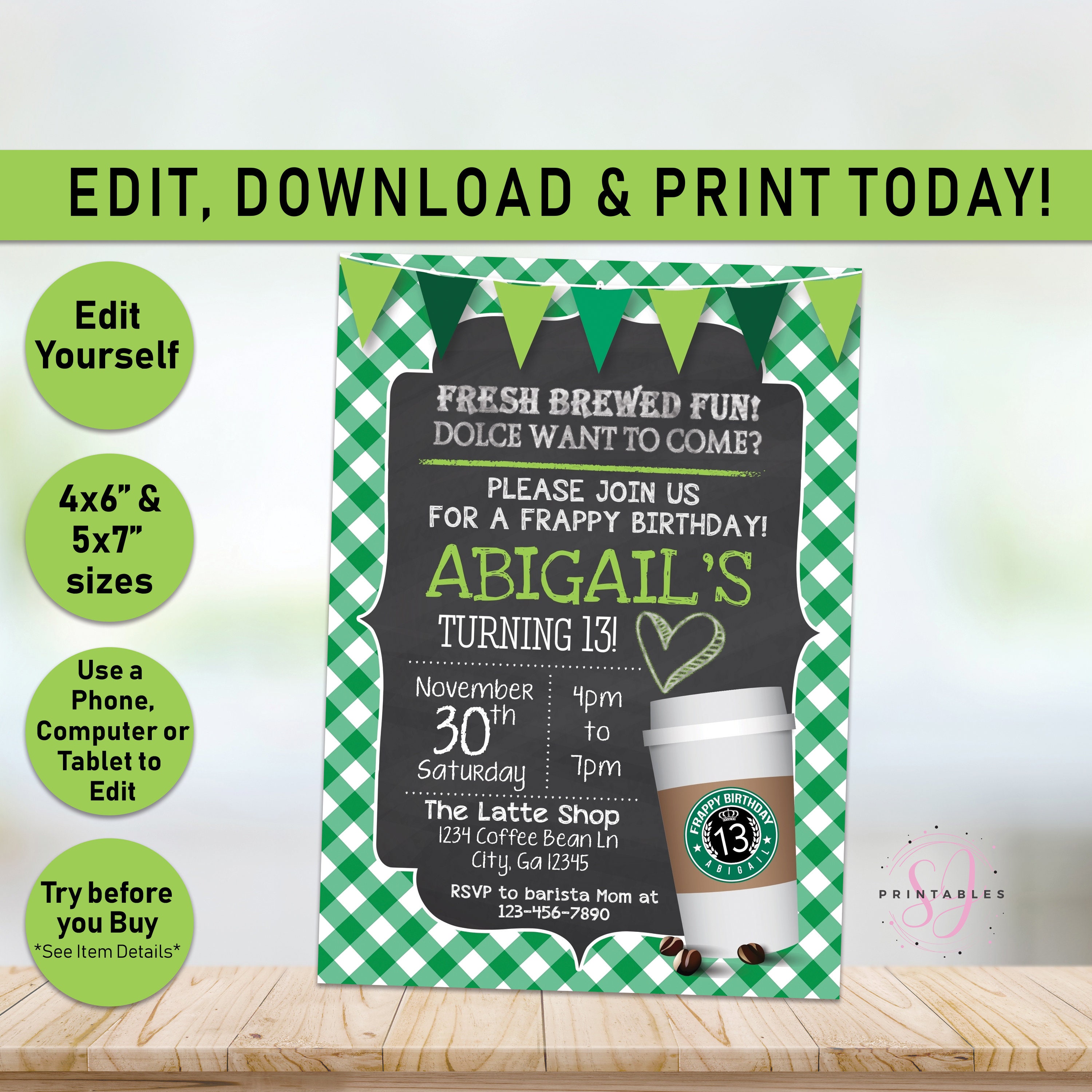 Coffee Shop Birthday Invitation Instant Starbucks Printable Etsy