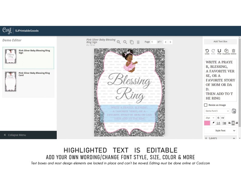 Pink & Silver Princess Blessing Ring Sign and Cards Blessing - Etsy