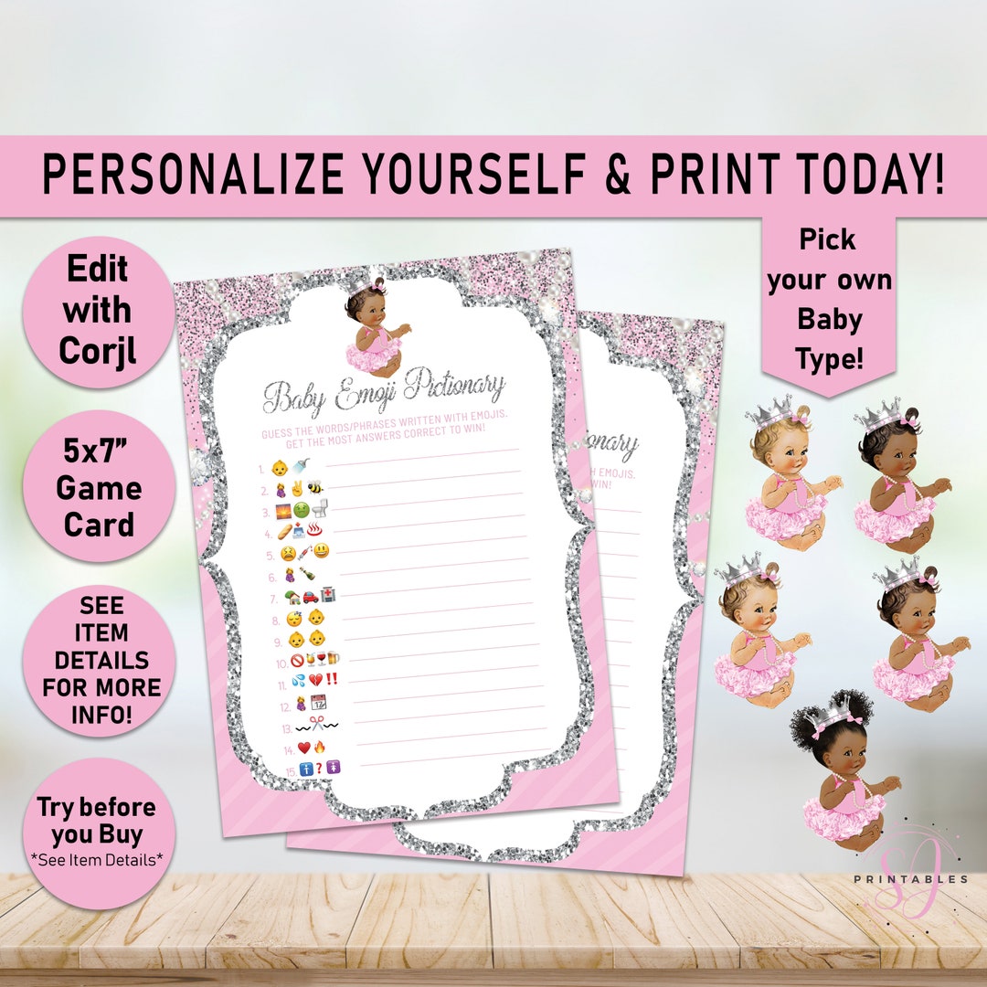 EMOJI Pictionary Baby Shower Game, Glitter & Pearls Pink Princess ...