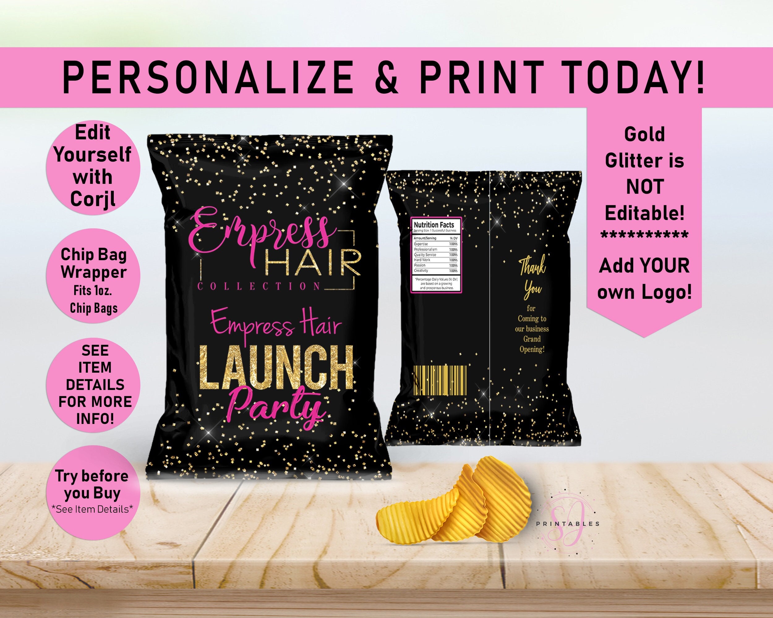 Gold Glitter and ANY COLOR Business EDITABLE Chip Bag Wrapper - Etsy