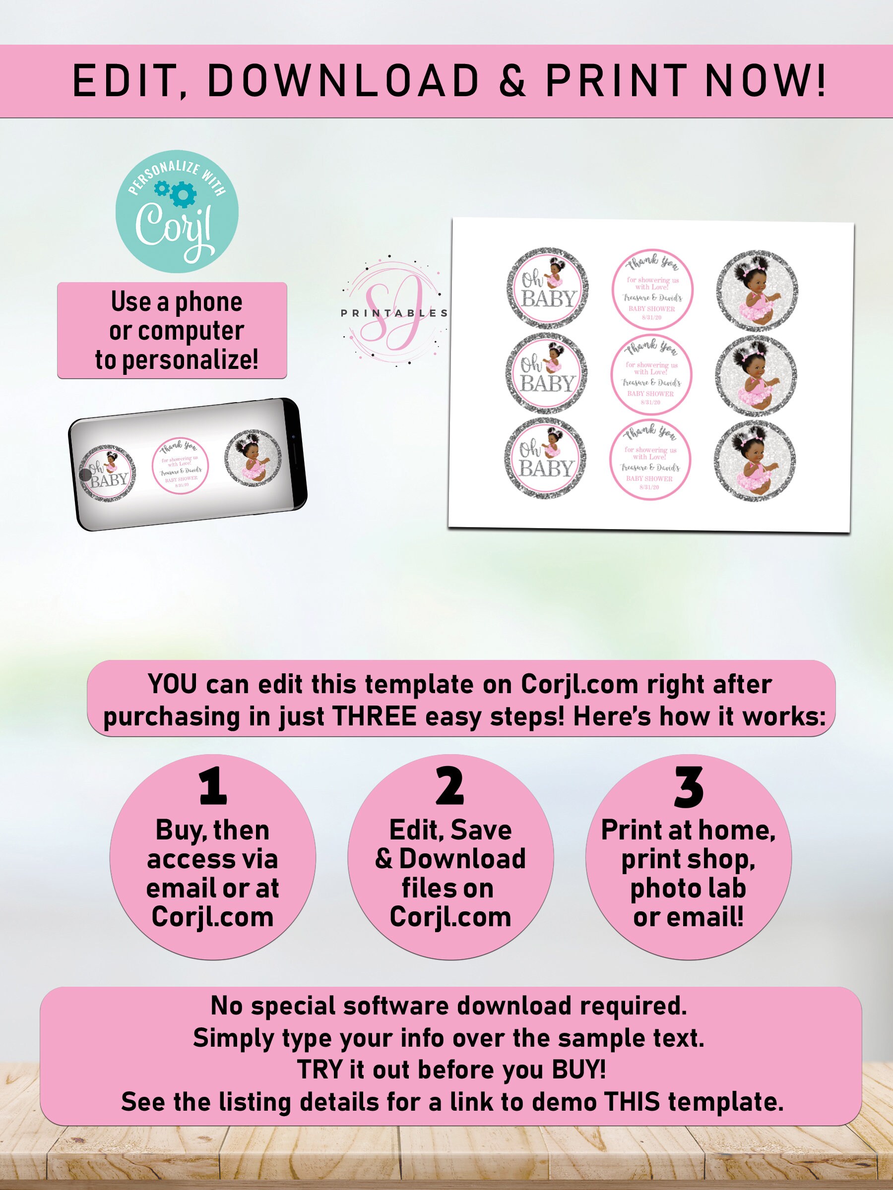 EDITABLE Pink Silver Cupcake Toppers Pink Princess Cupcake | Etsy