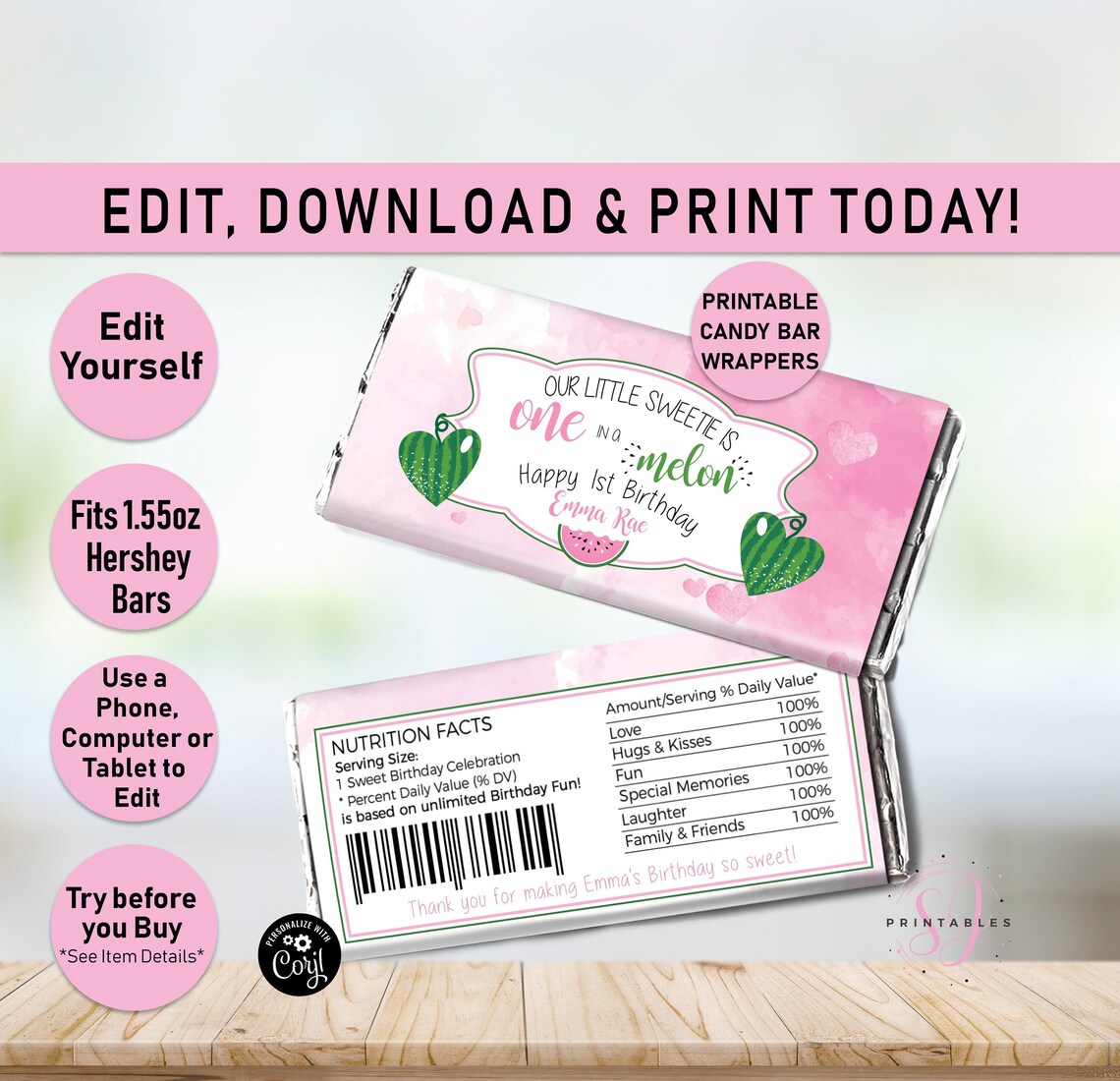 Watermelon Candy Bar WRAPPER Birthday Candy Wrapper One in a - Etsy