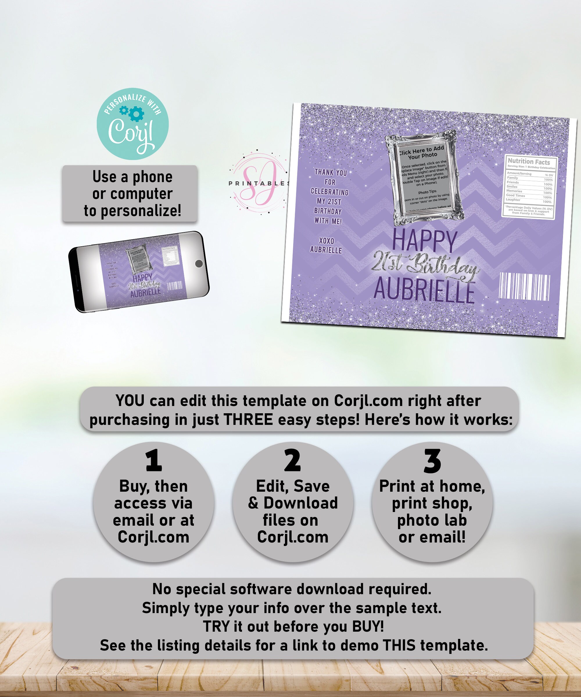 Shimmery Silver Glitter and Purple Birthday Chip Bag Wrapper, ANY AGE ...