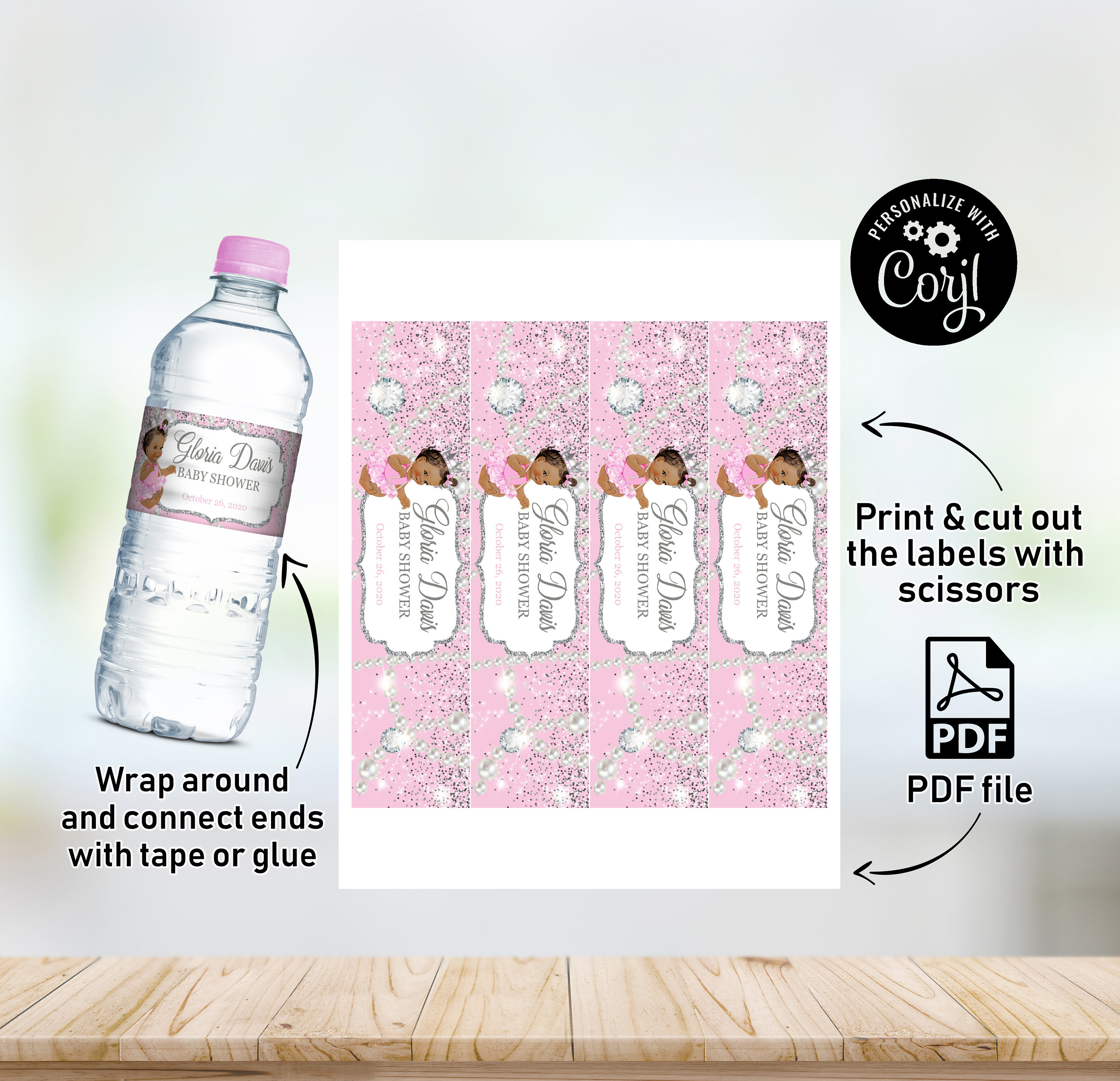 Glitter & Pearls Pink Water Labels, Girl Water Bottle Labels, Silver ...