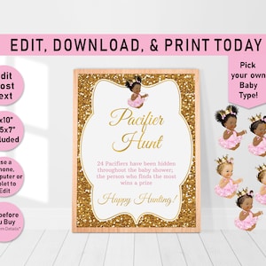 Pink & Gold Princess Baby Shower Pacifier Hunt Game, Editable Game ...