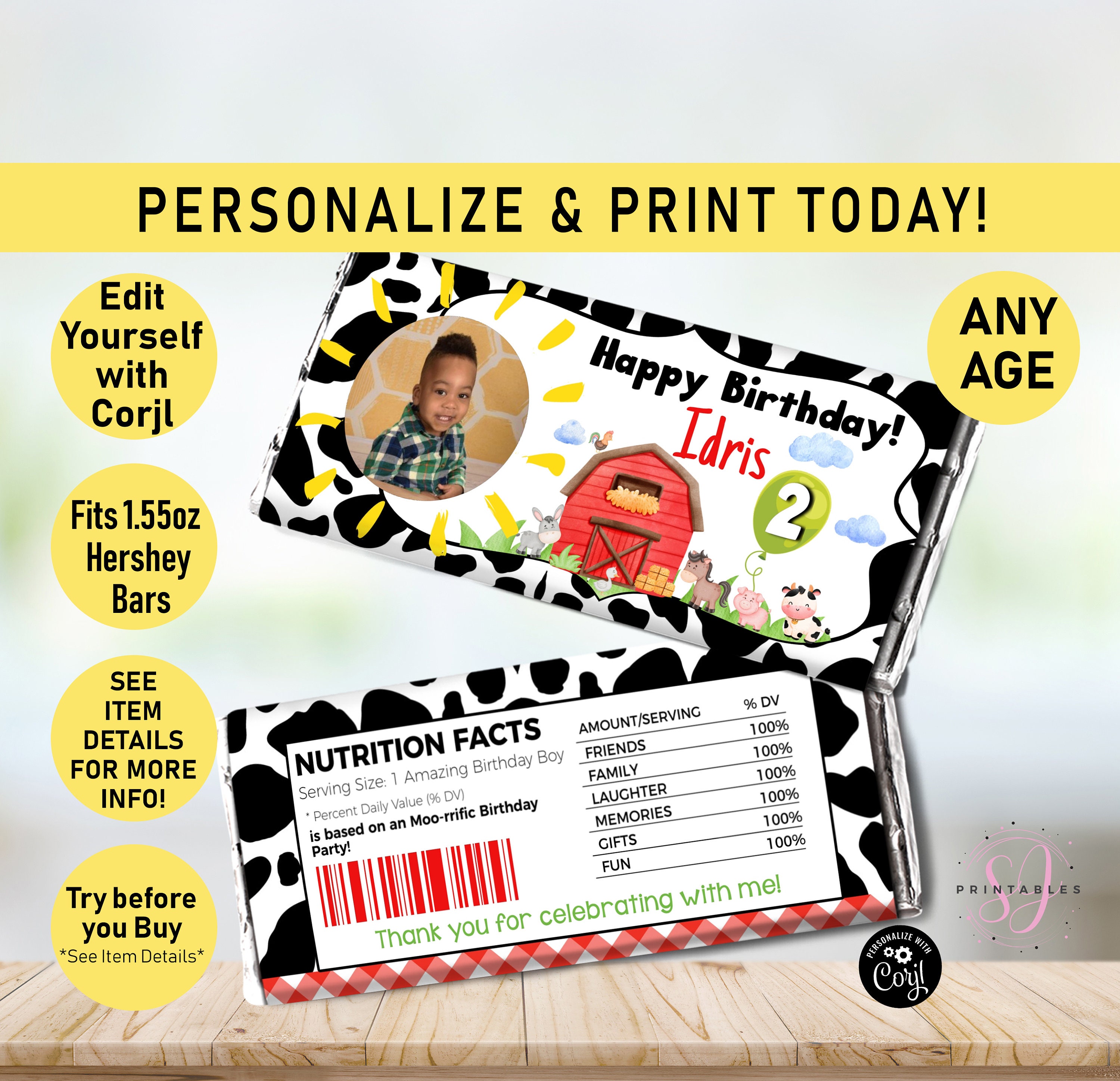 Barnyard Birthday Hershey Candy Bar Wrapper, Farm Animals Candy Wrapper ...