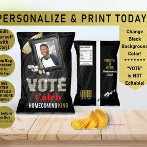 VOTE Homecoming King Chip Bag Wrapper, Homecoming Favor Bag, Photo Chip ...