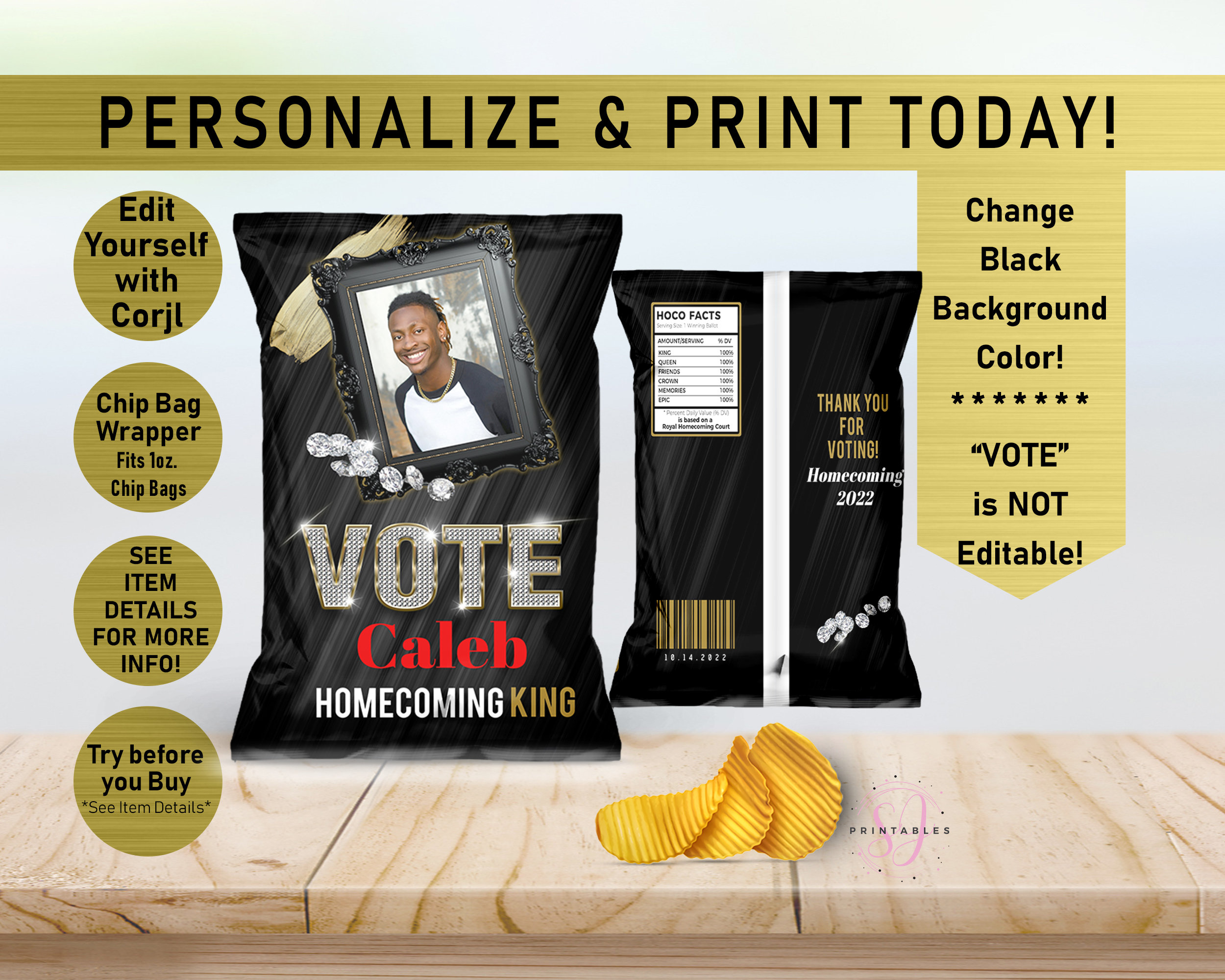 VOTE Homecoming King Chip Bag Wrapper, Homecoming Favor Bag, Photo Chip ...