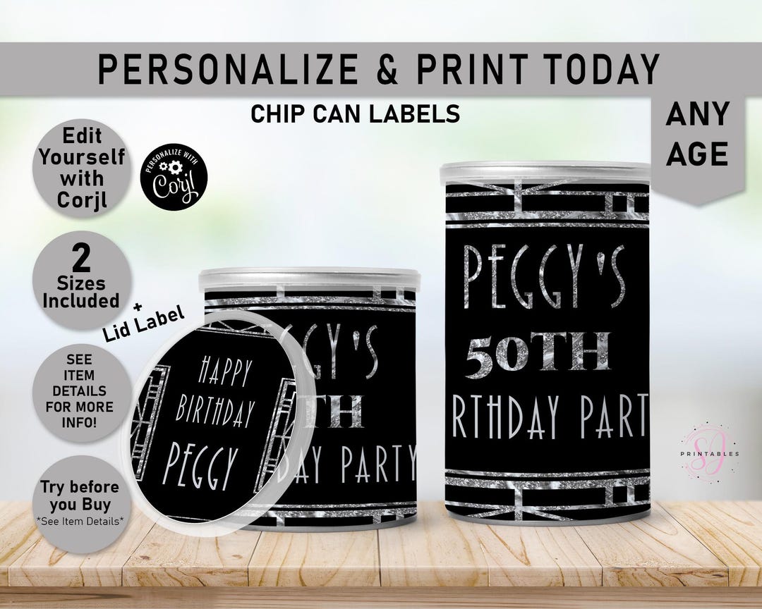 Great Gatsby EDITABLE Birthday Mini Chips Can Label, Chip Can Label ...
