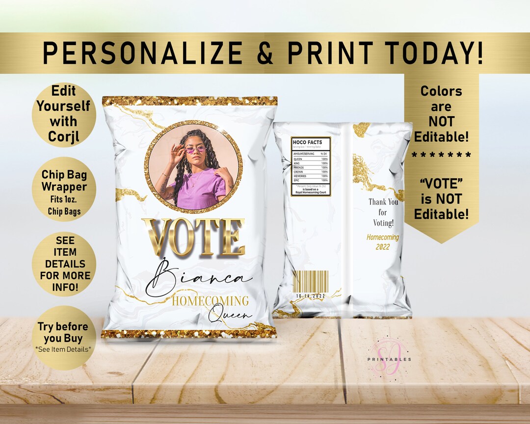 Homecoming Gold and White Chip Bag Wrapper, Homecoming Favor Bag, Photo ...