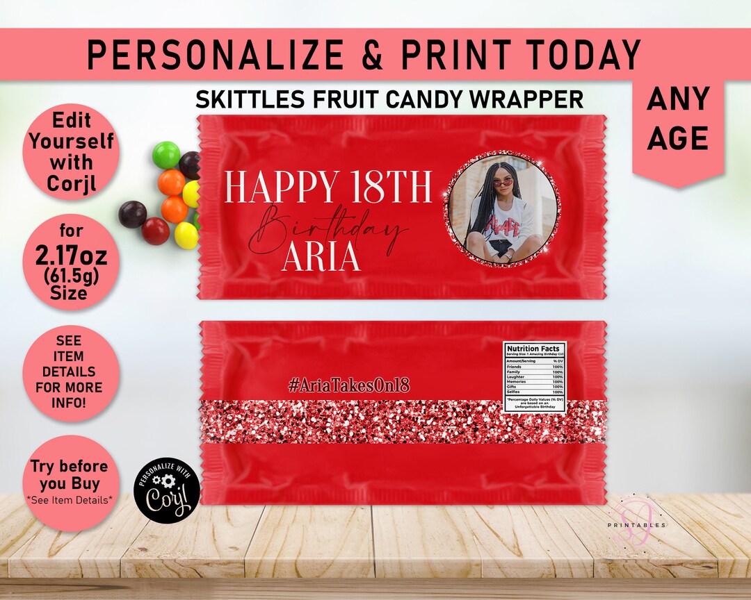 Red on Red Glitter Skittles Wrapper, Red Skittles Birthday Candy ...