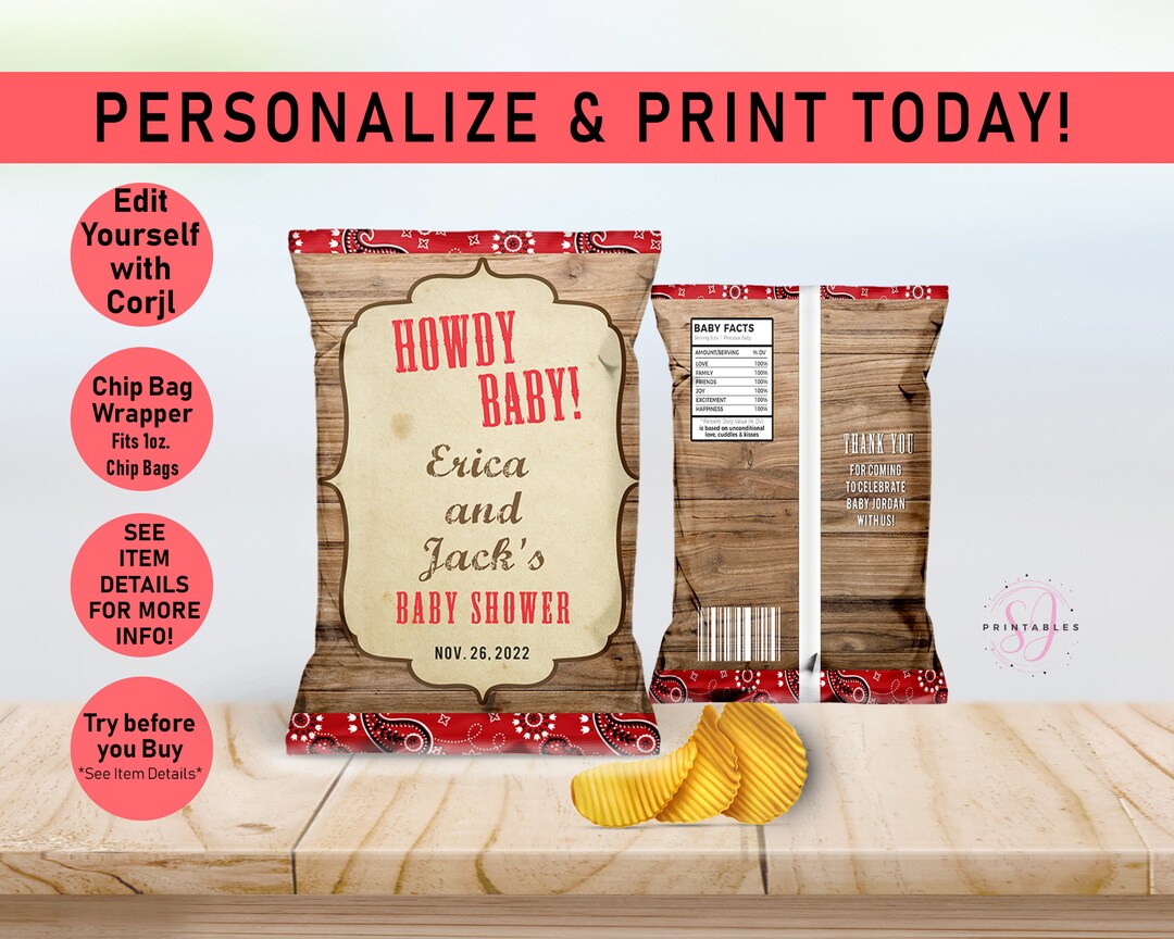 Cowboy Cowgirls Chip Bag Wrapper, Country Western, Baby Shower ...