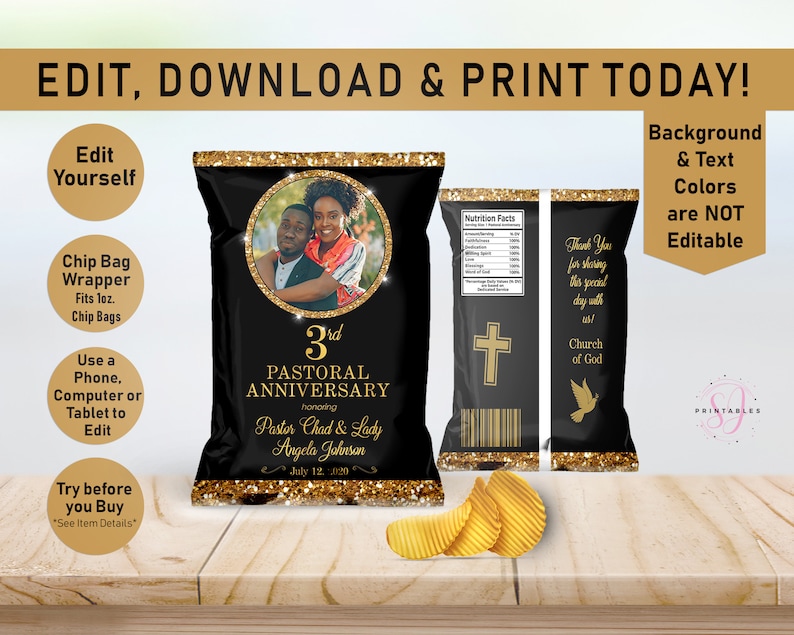 Pastoral Anniversary Black and Gold EDITABLE Chip Bag, Pastor, First ...