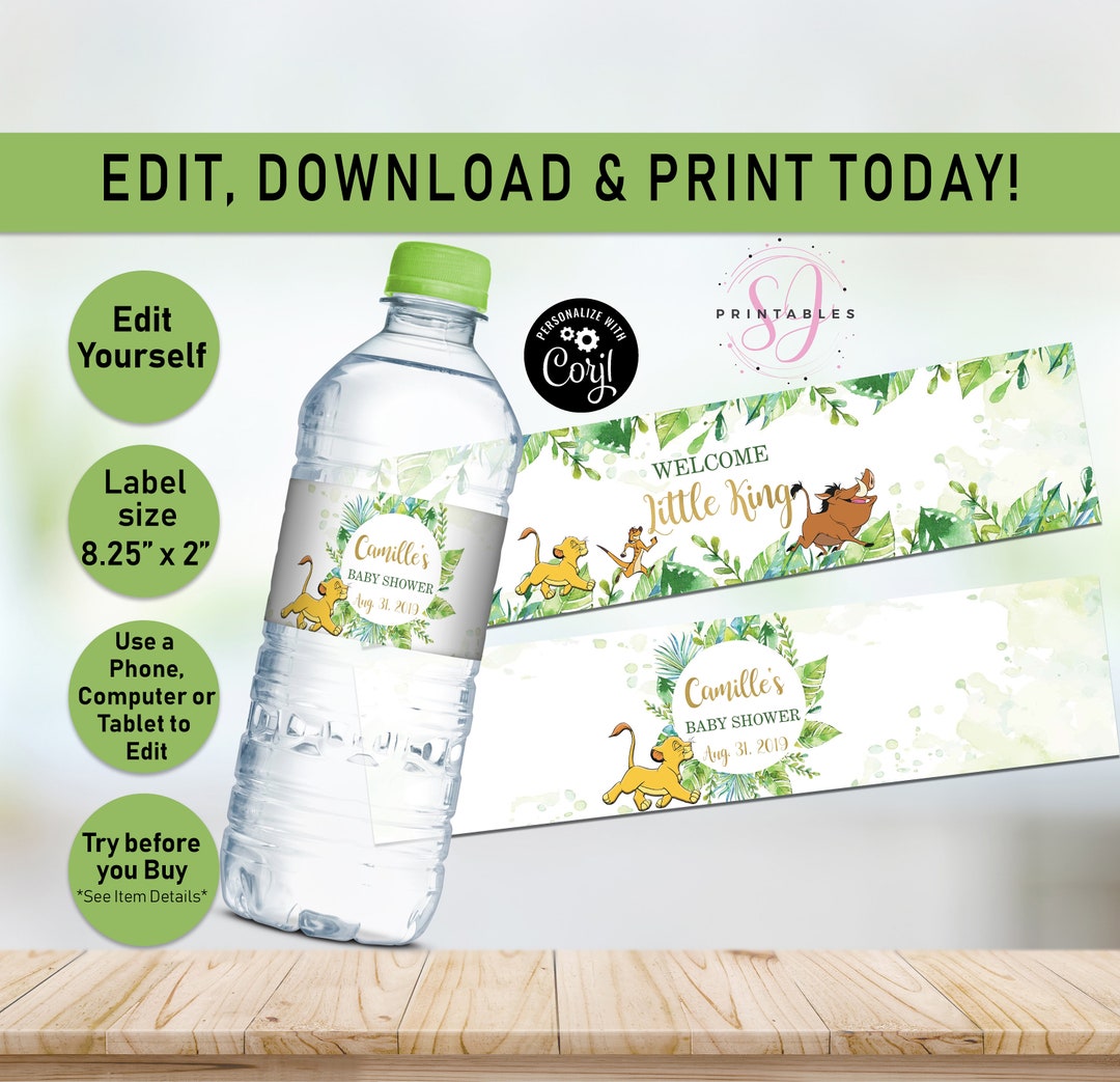Lion King Water Bottle Label, King, Baby Shower, Baby Shower Water ...